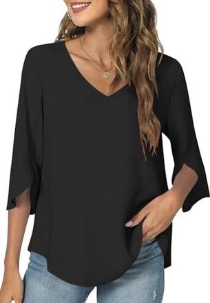 Onsoyours Chemisier Femme Col en V Tunique &Eacute;l&eacute;gant Manches 3/4 Hauts D&eacute;contract&eacute; Manche &Agrave; Volants Tops Couleur Unie Blouse Chic Pullover Shirts Streetwear A Noi