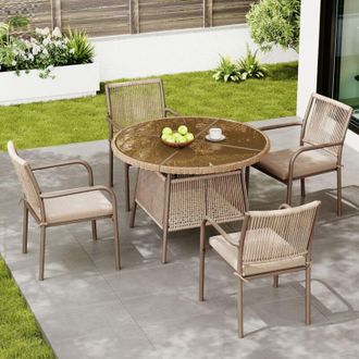 STILVORA Ensemble Table et Chaises de Jardin avec 1 Table Ronde et 4 Fauteuils, avec Coussins, pour Terrasse et Balcon, Fer, Verre Tremp&eacute; et Polyester, Marron