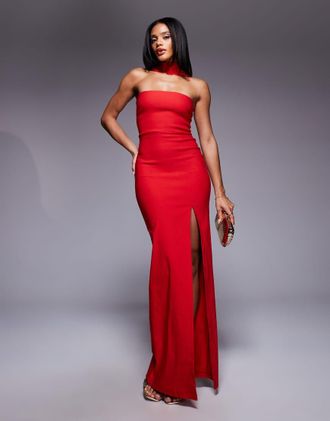 Vesper Tr&auml;gerloses Maxikleid aus Bengaline in Rot mit Choker-Ausschnittdetail und Seitenschlitz