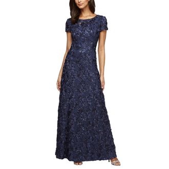 Alex Evenings Damen Langes Rosettenkleid für die Brautmutter mit Kurzen Ärmeln, Formelles, Hochzeitsgäste Kleid für besondere Anlässe, Marineblau, 42 Zierl