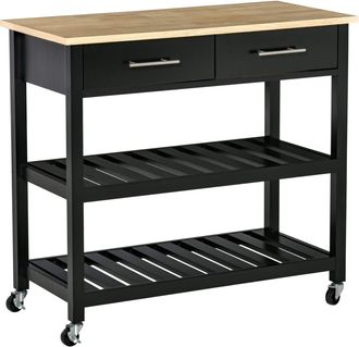 HOMCOM Servierwagen K&uuml;chenwagen mit Rollen 2 Regale 2 Schubladen schwarz Naturholz