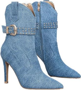 Generic Bottines western cowgirl à bout pointu pour femme avec talon aiguille et fermeture éclair avec boucle de ceinture cloutée, bleu, 39.5 EU