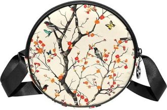 Generic Sac &agrave; bandouli&egrave;re rond pour femme, petit sac &agrave; bandouli&egrave;re motif oiseaux avec fermeture &eacute;clair, bretelles r&eacute;glables, sac &agrave; main rond d&eacute;contract&eacute; pour 