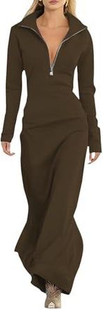 Generic Robe maxi &agrave; manches longues pour femme - Design sweat-shirt - Col zipp&eacute; - Col en V - Streetwear - &Eacute;paules d&eacute;nud&eacute;es - Sexy, caf&eacute;, XXL