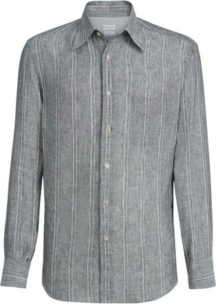 Brunello Cucinelli Homme, Chemises, Gris, Taille: XL Chemise Coupe Confort en Lin &agrave; Rayures Textur&eacute;es avec Poche Poitrine