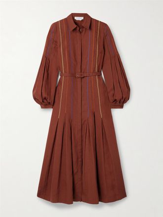 Gabriela Hearst Aleka Midi-hemdblusenkleid Aus Leinen Mit Stickereien Und G&uuml;rtel - Burgunder