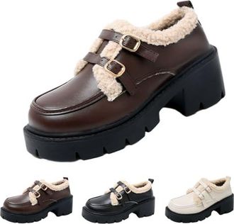 Generic Mocassins antidérapants à semelle épaisse pour femme, doublure en peluche douce et chaude, chaussures habillées avec double boucle réglable, marron, 3