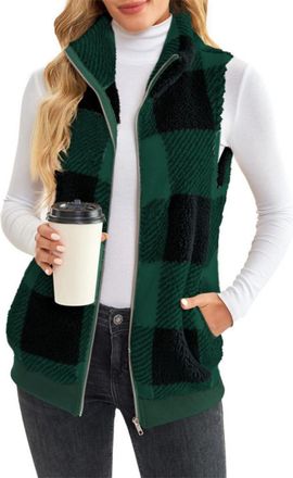 EUDOLAH Damens Fleece Weste mit Rei&szlig;verschluss im Karo-Muster Warme Steppweste mit Stehkragen in Langer Weiter Passform f&uuml;r Winter und Freizeit(XXL,Dunkelgr&uuml;n