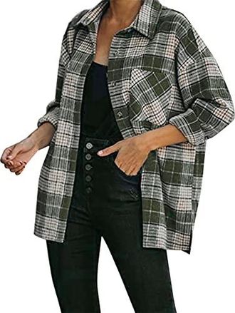 Generic Vestes pour femmes 2026 en flanelle &agrave; carreaux l&eacute;gers et minces, chemises raglan &agrave; manches longues boutonn&eacute;es sur la poitrine, manteaux &agrave; poches, Vert