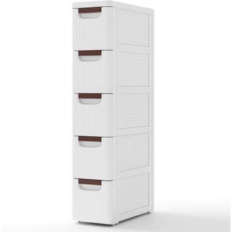 Costway Petite Commode &Eacute;troite, Meuble Rangement 3 Tiroirs en Plastique, Commode Salle de Bain &agrave; Roulette, Petite Armoire,42x19x91 cm (5 &Eacute;tages)
