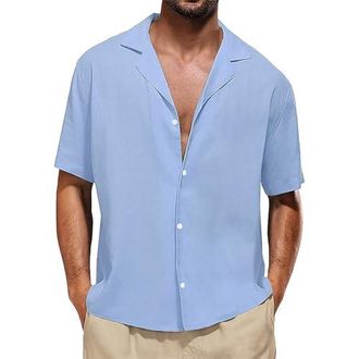 Generic Chemise en coton et lin pour homme Henley Gym Tops d&eacute;contract&eacute;s et &agrave; la mode couleur unie revers ample manches courtes coton lin chemise respirante tu