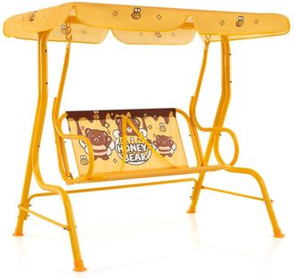 Costway Balancelle de Patio 2 Places pour Enfants 3+ Ans avec Support Métallique, Canopée Ajustable, Ceintures de Sécurité, 112 x 76,5 x 111cm, Orange