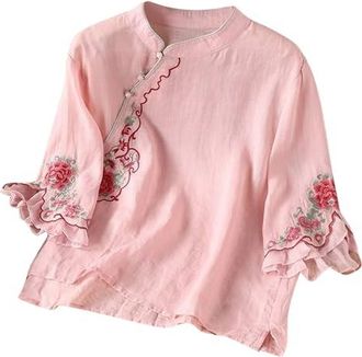 Generic Chemise boh&egrave;me &agrave; manches 3/4 en gaze pour femme, tunique boh&egrave;me paysanne en lin brod&eacute;e florale 2025 chemisier indien &agrave; volants sur le devant pour femm