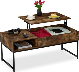 Relaxdays Couchtisch aufklappbar, HBT: 45x110x50 cm, Seitenfach, Wohnzimmertisch mit Stauraum, Holzoptik & Metall, braun