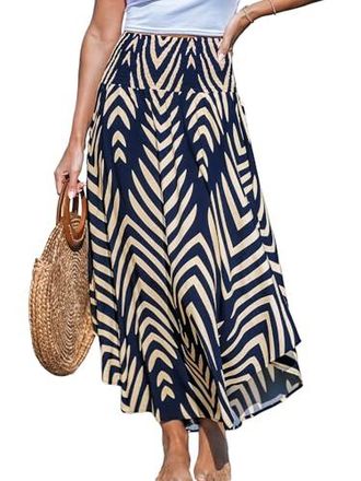 Cupshe Jupes Abstrait Smock&eacute; Midi Jupe Femme Taille Haute Coverup Casual Vacances, bleu marine, XL
