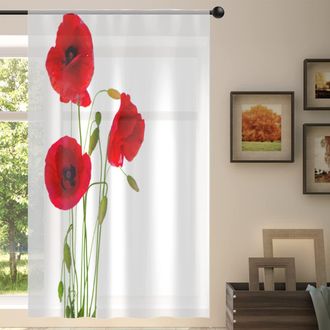 TropicalLife Transparente Vorhänge mit roten Mohnblumen, Fenstervorhänge, 198,1 cm Länge, Fenstervorhänge mit Stangentasche, für Schlafzimmer, Wohnzimmer, Terrasse