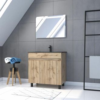 Aurlane meuble salle de bain 80x80 - finition chene naturel + vasque noire + miroir led - timber 80 - pack06