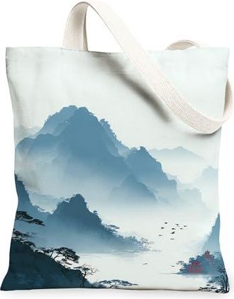 Generic Sacs fourre-tout en toile de paysage de montagne, sacs d&eacute;picerie r&eacute;utilisables, vintage, l&eacute;gers, lavables, bleu, 13x15 Inch
