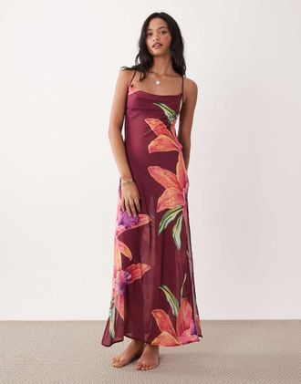 Aray Transparentes Maxi-Strandkleid in Dunkelrosa mit Blumenmuster