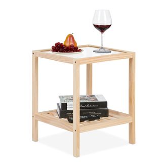 Relaxdays Beistelltisch, Wohnzimmertisch mit Glasplatte, Holz, HxBxT: 50 x 40 x 40 cm, quadratischer Ablagetisch, Natur