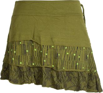 vishes Alternative Bekleidung - Asymmetrischer Damen Baumwollrock mit R&uuml;schen Taschen und Bl&uuml;mchen Olive 42-44