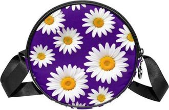 Generic Sac &agrave; bandouli&egrave;re rond pour femme, marguerites, violet, petit sac &agrave; bandouli&egrave;re avec fermeture &eacute;clair, bretelles r&eacute;glables, sac &agrave; main rond d&eacute;contract