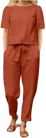 Generic Ensemble 2 pi&egrave;ces en lin pour femme - Tenue d&eacute;t&eacute; - Chemise &agrave; manches courtes et pantalon large - Ensemble d&eacute;t&eacute; en lin 2 pi&egrave;ces pour femme, Rouge, XXL