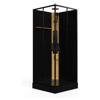 Vente-Unique Cabine de douche hydromassante carr&eacute;e avec panneau en bambou - Noir - L90 x l90 x H225 cm - DESULO
