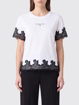 Patrizia Pepe Baumwoll-T-Shirt mit Spitzeneins&auml;tzen und gesticktem Logo