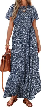 PrettyGarden Damen 2024 Sommer Casual Flattern Kurzarm Boho Floral Maxikleid Rundhals gesmokte gestufte Lange Kleider, Marineblau, Mittel