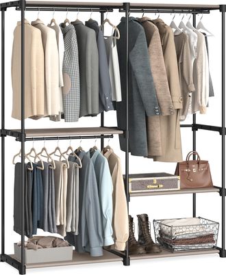 Songmics Kleiderschrank offen, Kleiderständer, Kleiderstange, Garderobe, 3 Hängefächer, viel Platz, für Schlafzimmer, Wohnzimmer, 138 x 43 x 182 cm, taupe RYG0