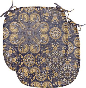 Abakuhaus Mandala Polster f&uuml;r Esszimmerst&uuml;hle, Eastern Abstrakt Flora, Dekoratives wasserfestes Kissen mit Riemen f&uuml;r K&uuml;chensitze, 40 cm x 40 cm-2er Pack, Erde 