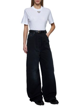 Prada Womens Cotton T-Shirt With Rhinestone Plaque White T-Shirts & Jerseys