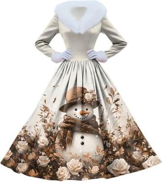 Generic Robe de Noël élégante pour femme - Col en V - Motif sapin de Noël - Robe décontractée - Longueur genou, marron, XXL