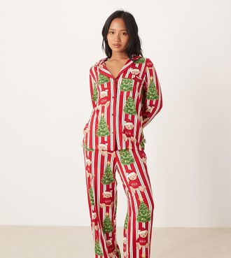 Chelsea Peers Pyjama aus Polyester mit langen Ärmeln, Reverskragen und Weihnachts-Teddy-Streifenmuster-Rot