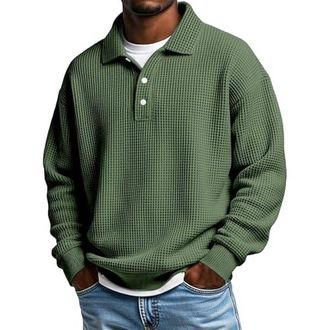 Generic Polo pour Homme en Tricot Waffle, Col &agrave; Grandes Pointes Henley Manches Longues, Taille Large Uni D&eacute;contract&eacute; Automne(Blackish Green,XX-Large)