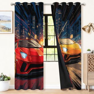 Generic Bedruckte Blickdichte Vorh&auml;nge Bunt, Cartoon Stadt Luxus Sportwagen Muster W&auml;rmeisoliert UV-Schutz Vorh&auml;nge mit &Ouml;sen - H 260 x B 140 cm (2er Pack) Far