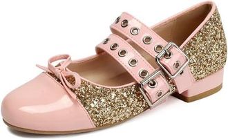 Generic Mary Janes Ballerines plates &agrave; paillettes pour femme avec noeud papillon et sangle &agrave; boucle, rose, 38.5 EU