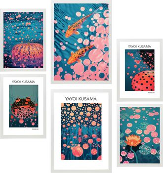 Nacnic 6er-Set Yayoi Kusama Japanischer Kürbisfisch Gerahmtes Poster mit Design-Illustrationen zur Dekoration der Wände Ihres Zuhause Zimmer Büro Laden Maler