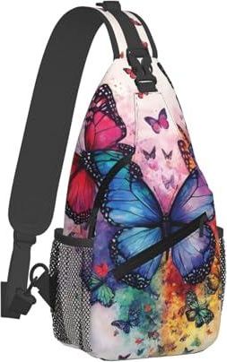 Generic L&eacute;ger Sacoche Homme Bandouliere Papillons color&eacute;s Sling Bag Casual Crossbody Bag pour Homme Femme Randonn&eacute;e