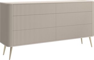 Selsey Kommode Aufbewahrungsschrank 6 Schubladen Schrank Schubladenschrank Gerillt Push to Open Soft Close Graubeige Goldene Beine Ovarlo