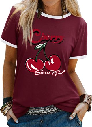 Dresswel Tshirt Damen Sweet Girl Cherry Druck Kurzarm T-Shirt Sommer Oberteile Tops Rundhals Bedruckte L&auml;ssig Tee Shirts