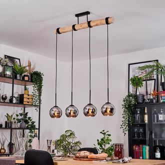 HOFSTEIN H&auml;ngeleuchte Koyoto, 4-flammige H&auml;ngelampe aus Metall/Holz/Glas in Schwarz/Natur/Chrom/Rauch, moderne Pendelleuchte im Boho/Retro-Design mit Holzstab,