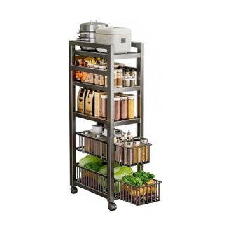 Generic Schwarzer, Schmaler Aufbewahrungswagen, Organizer-Rollwagen Mit 3/4/5 Etagen, L&uuml;cken-Aufbewahrungsregal Mit Ausziehbarem Korb, for Enge Badezimmerr&auml;um