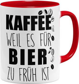 OM3 Kaffee weil es f&uuml;r Bier zu fr&uuml;h is Kaffee-Tasse mit Spruch - Statement Biertrinker - Keramik Becher - 325ml - Beidseitig Bedruckt - Rot