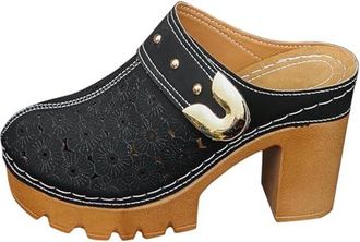 Generic Border Summer Chaussures creuses &eacute;paisses pour femme avec boucles en m&eacute;tal Sandales de style r&eacute;tro Sandales clout&eacute;es Taille 8, Noir, 37.5 EU