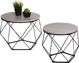 Mendler Couchtisch-Set HWC-L37, Kaffeetisch Beistelltisch Loungetisch, Metall Holz - Eiche-grau-Optik