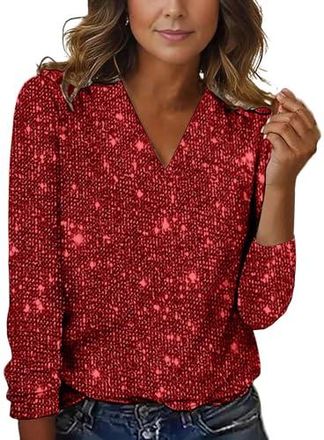 Generic Haut Paillettes Femme - Chic Et &Eacute;l&eacute;gant Col en V Sequin T-Shirt Grandes Tailles D&eacute;contract&eacute; Sexy Top Manche Longue V&ecirc;tement S-XXL