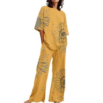 Generic Ensemble de pyjama pour femme avec t-shirt &agrave; manches courtes et pantalon long - Ensemble de pyjama pour femme avec poches - Pantalon de plage - Ensemb
