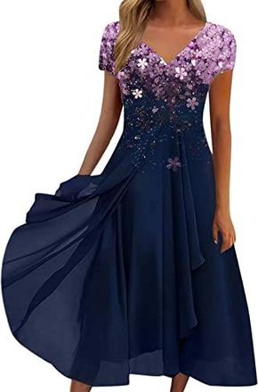 Generic Robe Tulle Femme Sexy Paillette Dégradés Chic et Elegant Manches Courtes Brillante- à Sequins Plus-Size de Mode Mi-Longue Chic pour de Soirée Fete Cer